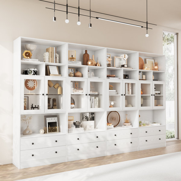 Ebern Designs 78.7" H X 126" W Kitchen Pantry With Bookcases, Glass Door Kitchen Hutch With ...